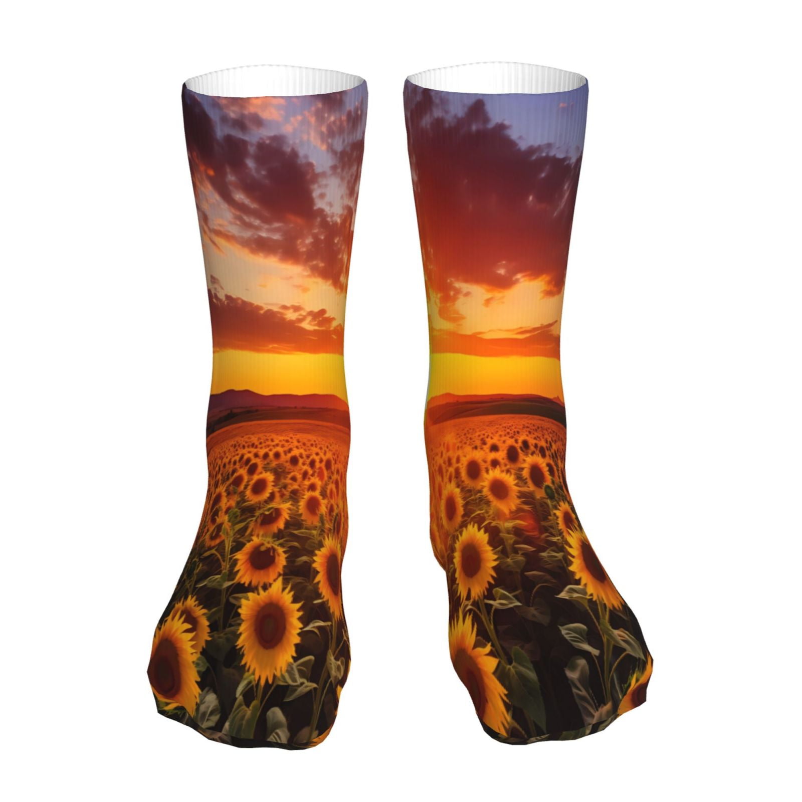 Bingfone Sunset Golden Sunflower Field Prirnt Women's Men's Fun Pattern and Solid Crew Socks-1 ...