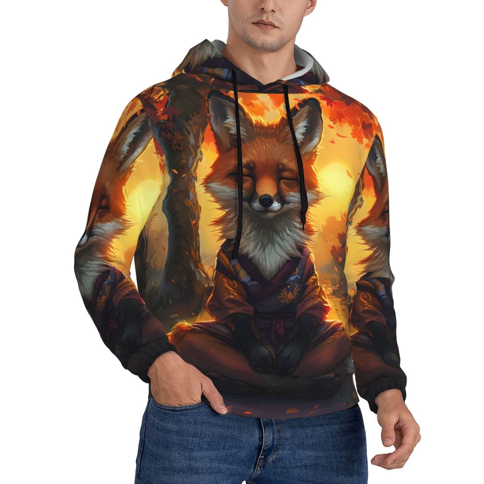 Bingfone Sunset Maple Tree Fox Men's Drawstring Hoodie Long Sleeve ...