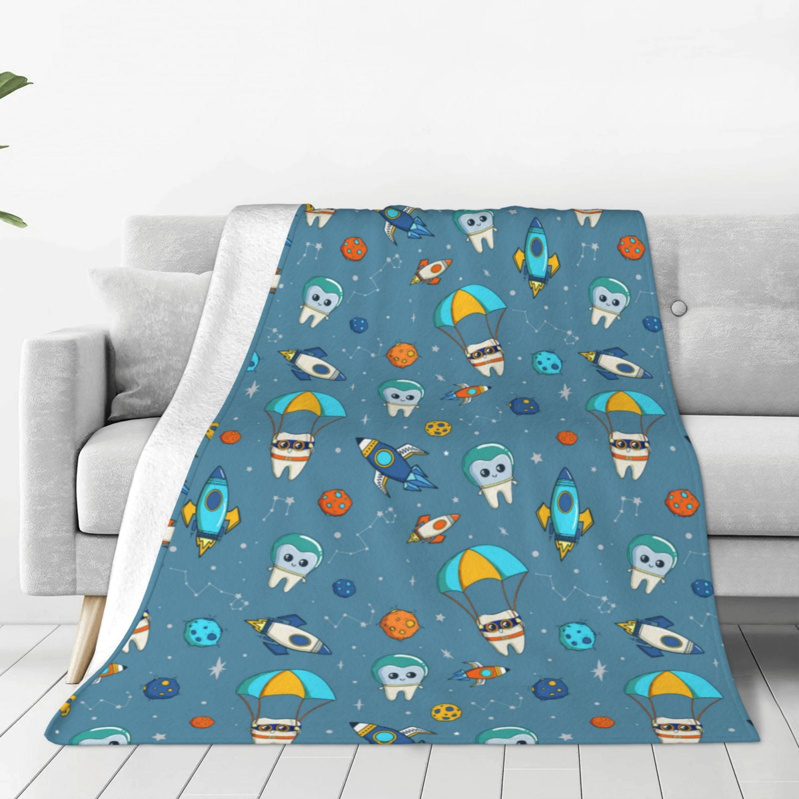 Bingfone Teeth Cosmonaut Print Flannel Fleece Blanket Throw Blanket for Bed,Sofa,Couch,Travel ...