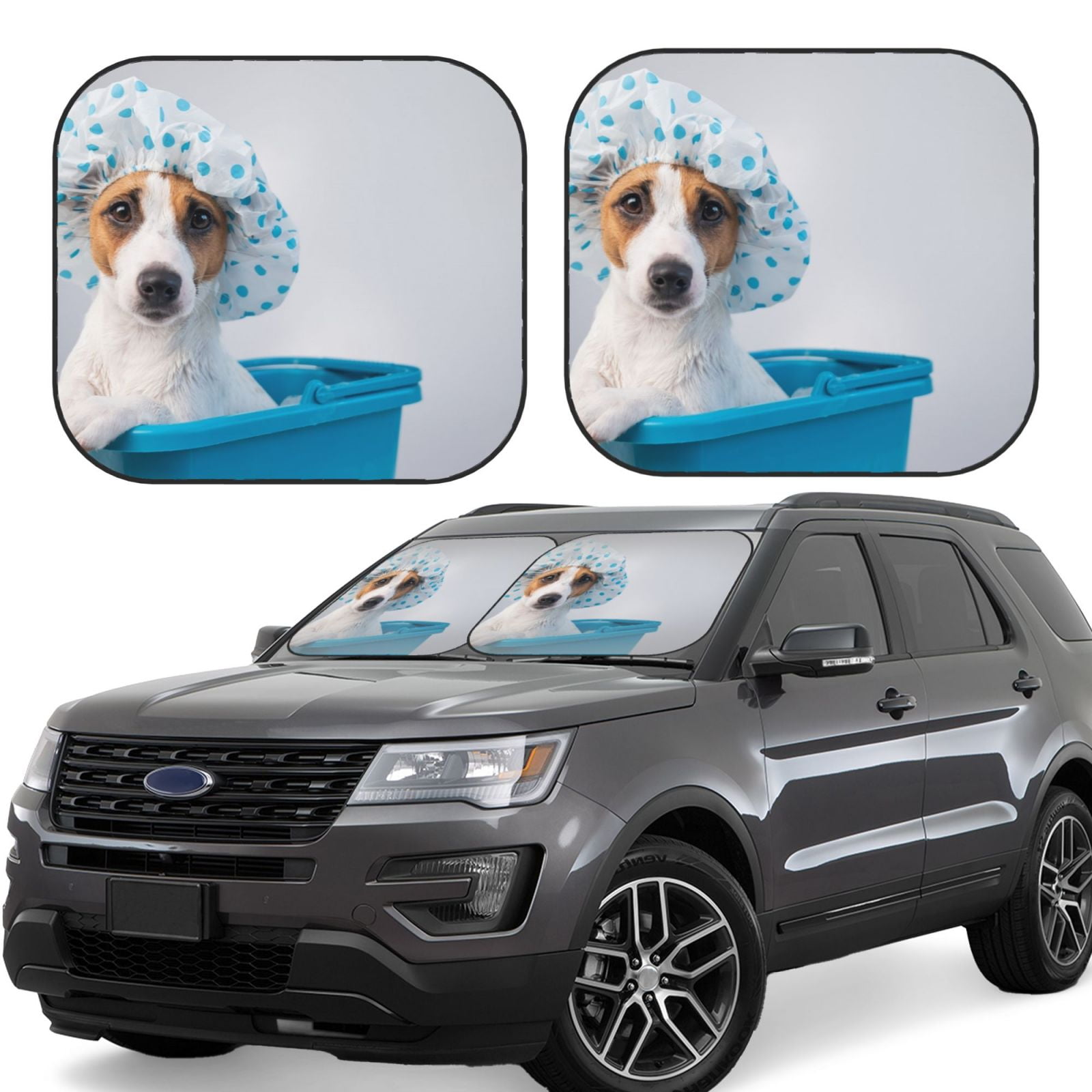 Bingfone Terrier Takes A Bath With Shower Cap Windshield Sun Shade 2 ...