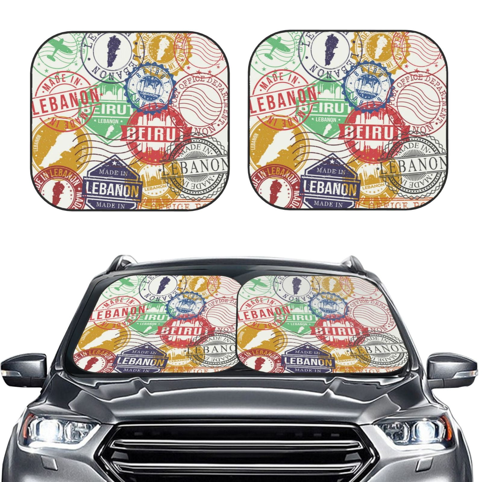Bingfone Travel Stamp Print 2-Piece Sun Shade Front Windshield ...