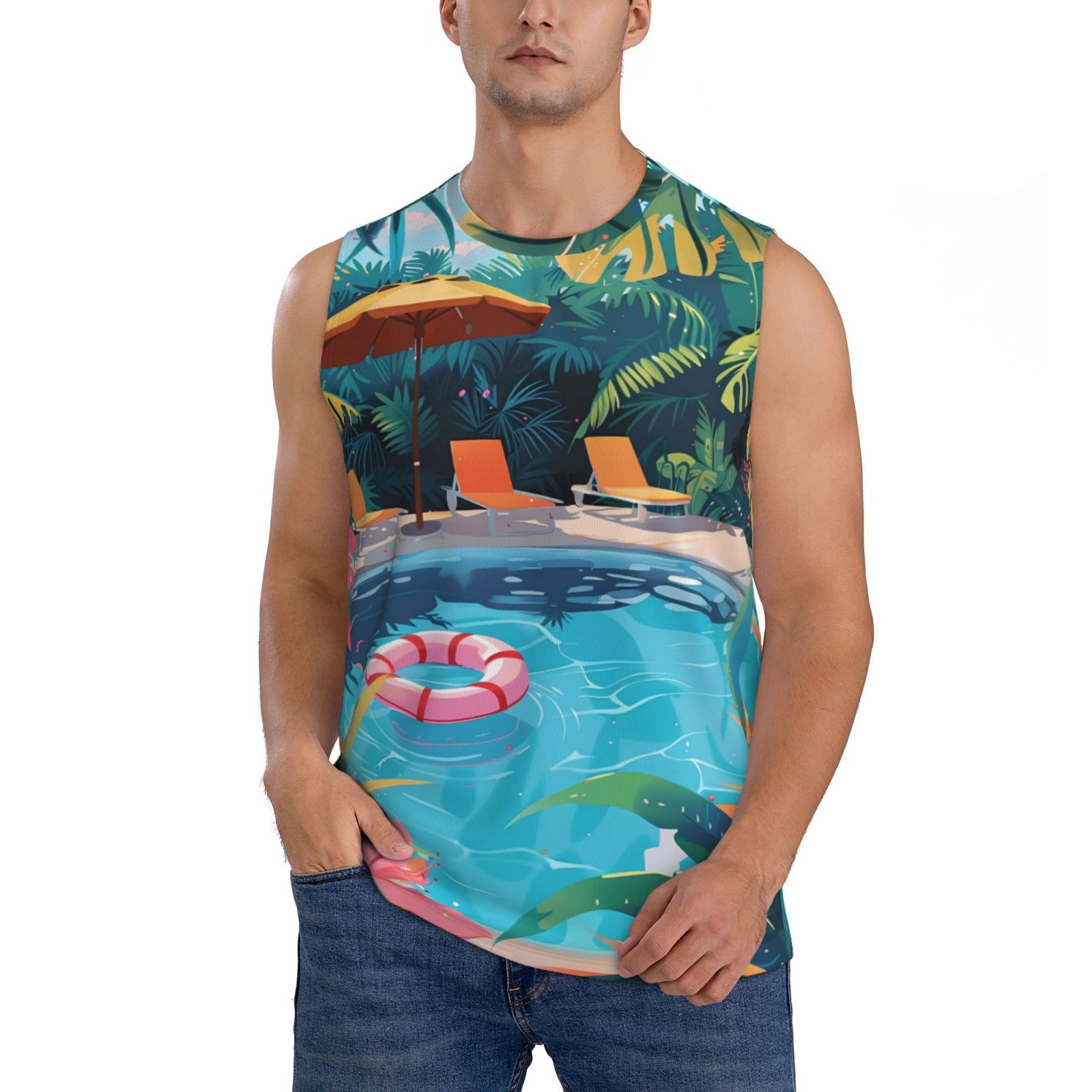 Bingfone Tropical Poolside Relaxation Pattern Men's Tank Tops Workout ...
