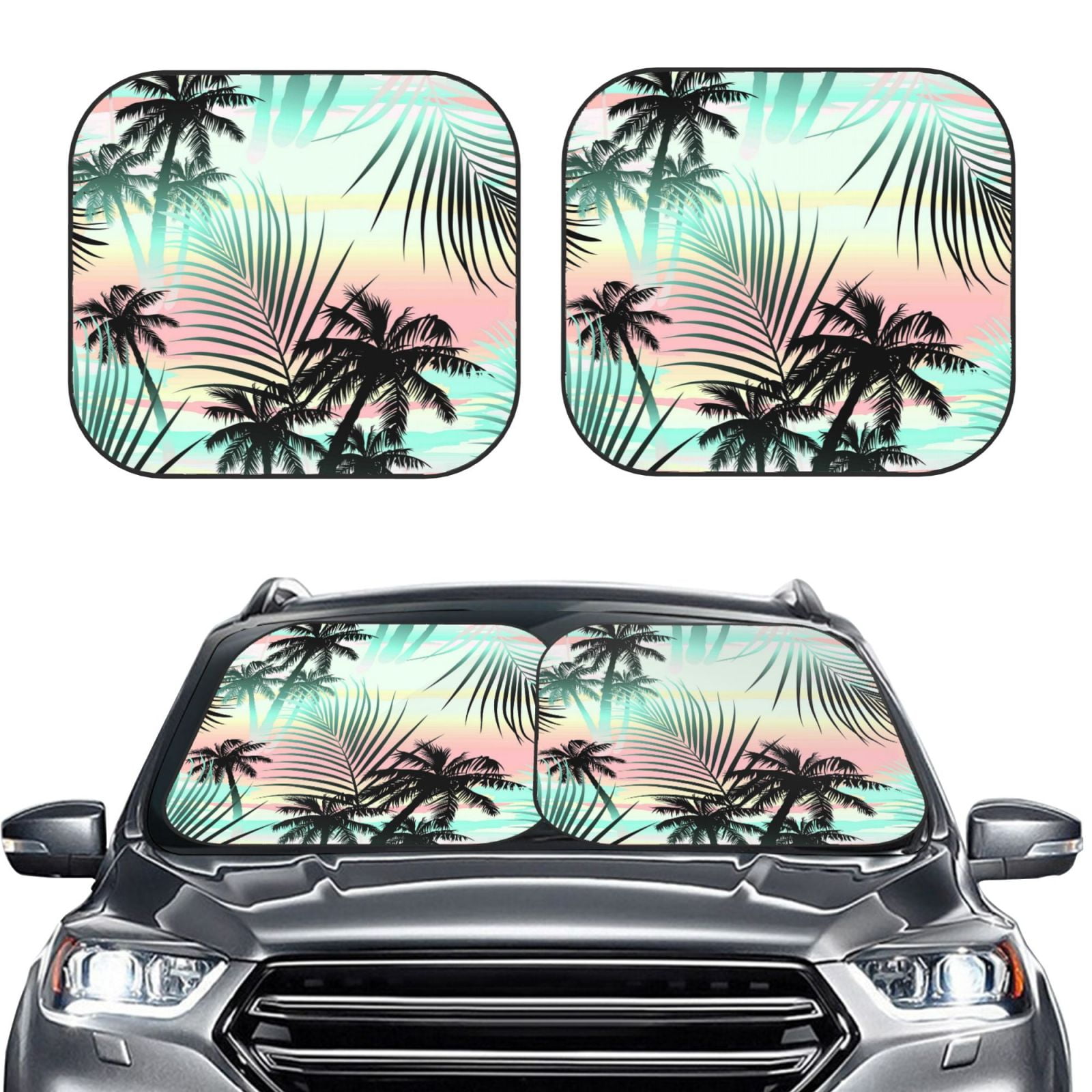 Bingfone Tropical Summer Palm Print 2-Piece Sun Shade Front Windshield ...