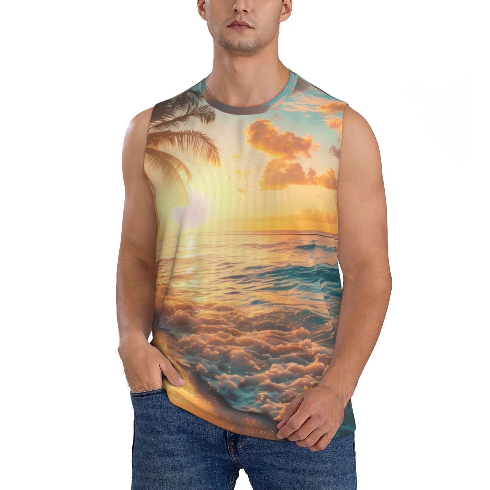 Bingfone Tropical Sunset Beach Scene Pattern Men's Tank Tops Workout ...