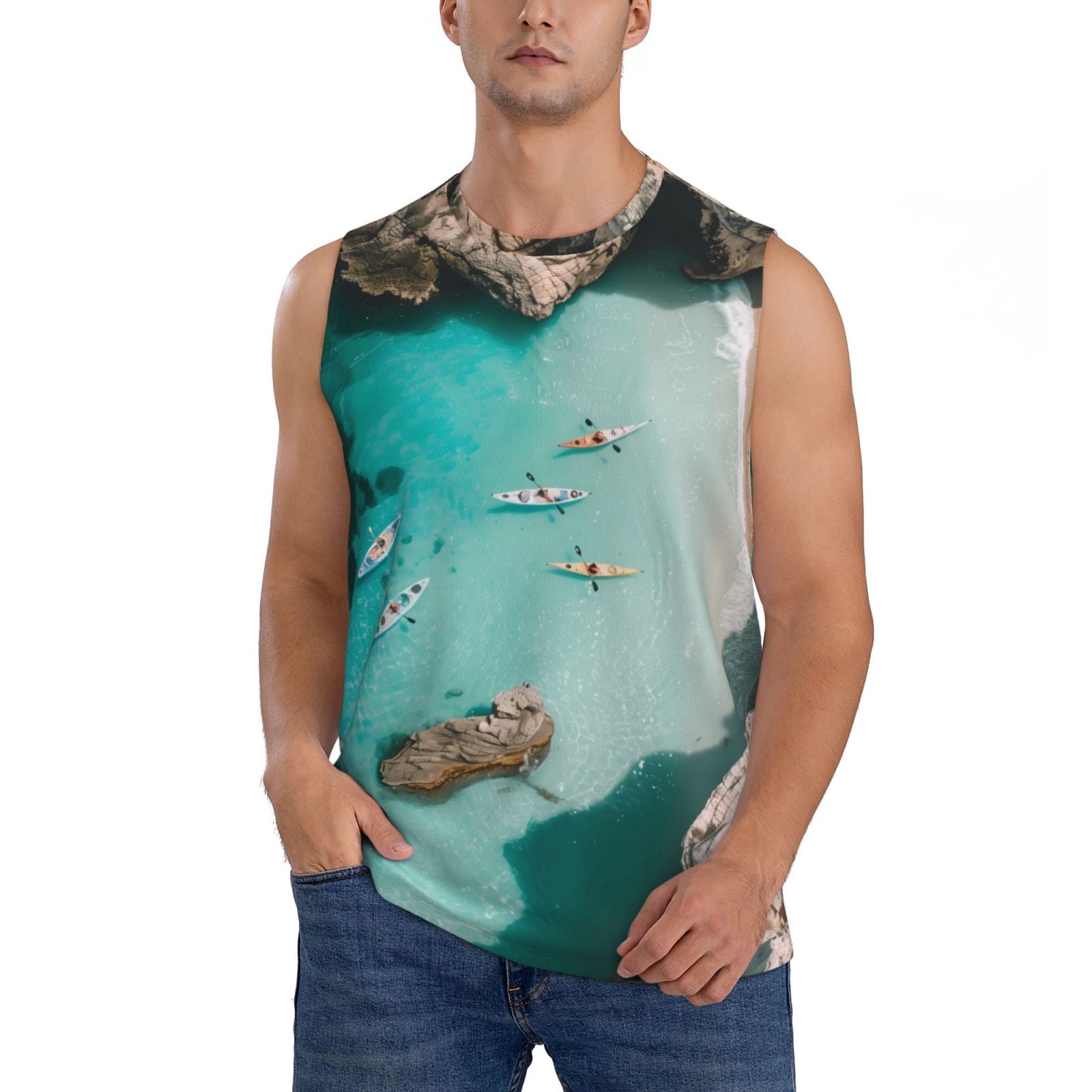 Bingfone Turquoise Beach Kayaking Pattern Men's Tank Tops Workout ...