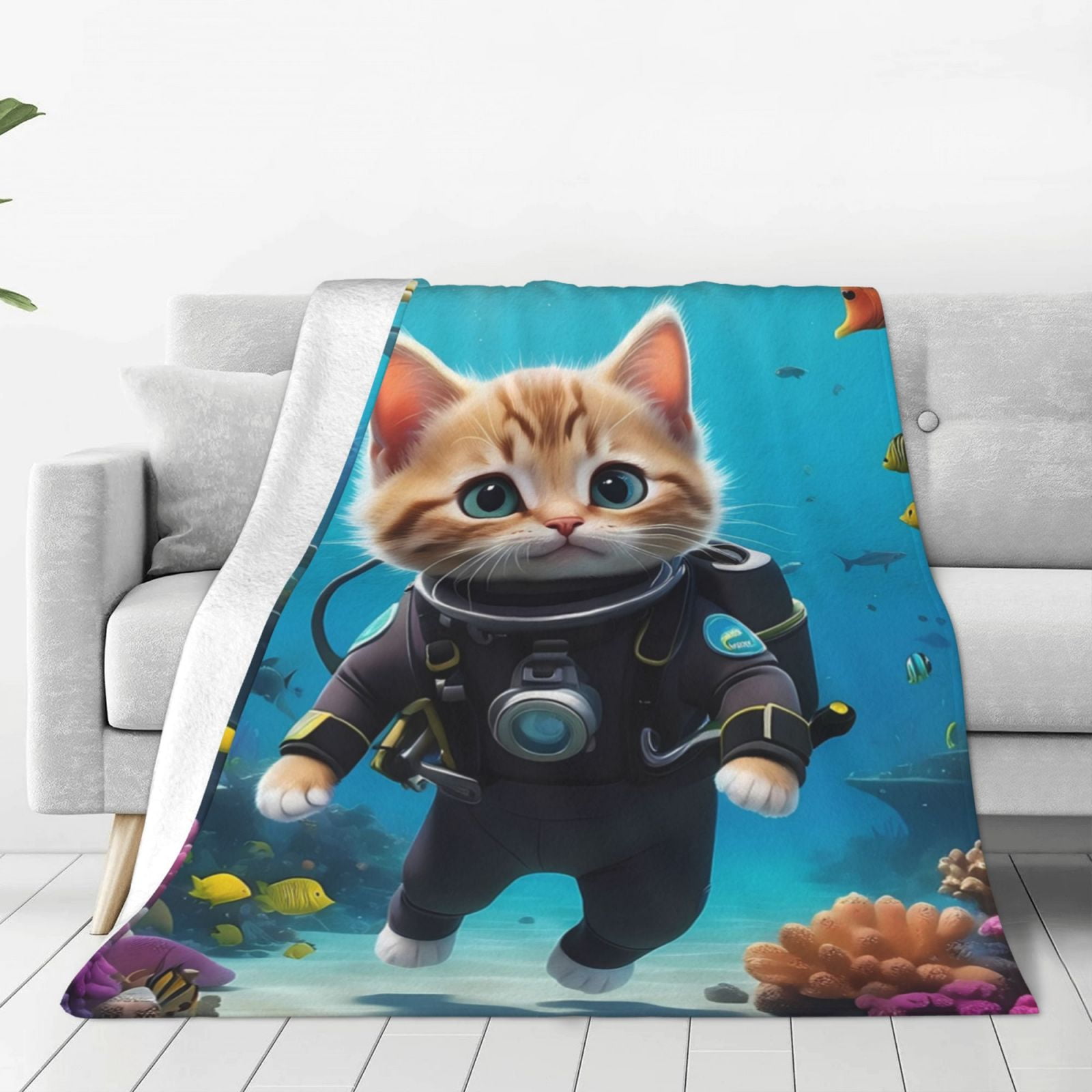 Bingfone Underwater Diving Cat Print Flannel Fleece Blanket Throw ...