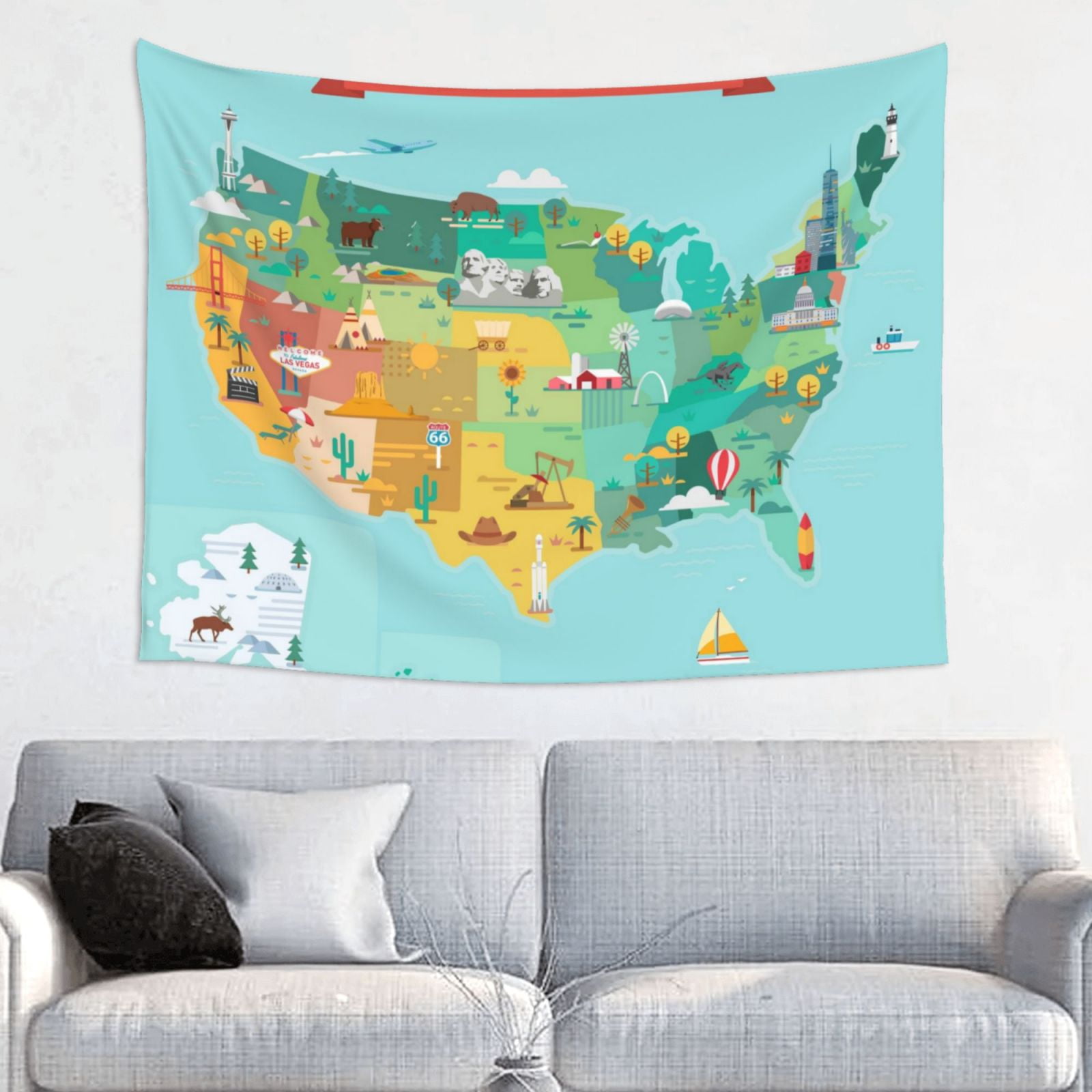 Bingfone Usa Tourist Map Tapestry Wall Hanging Decor For Living Room ...