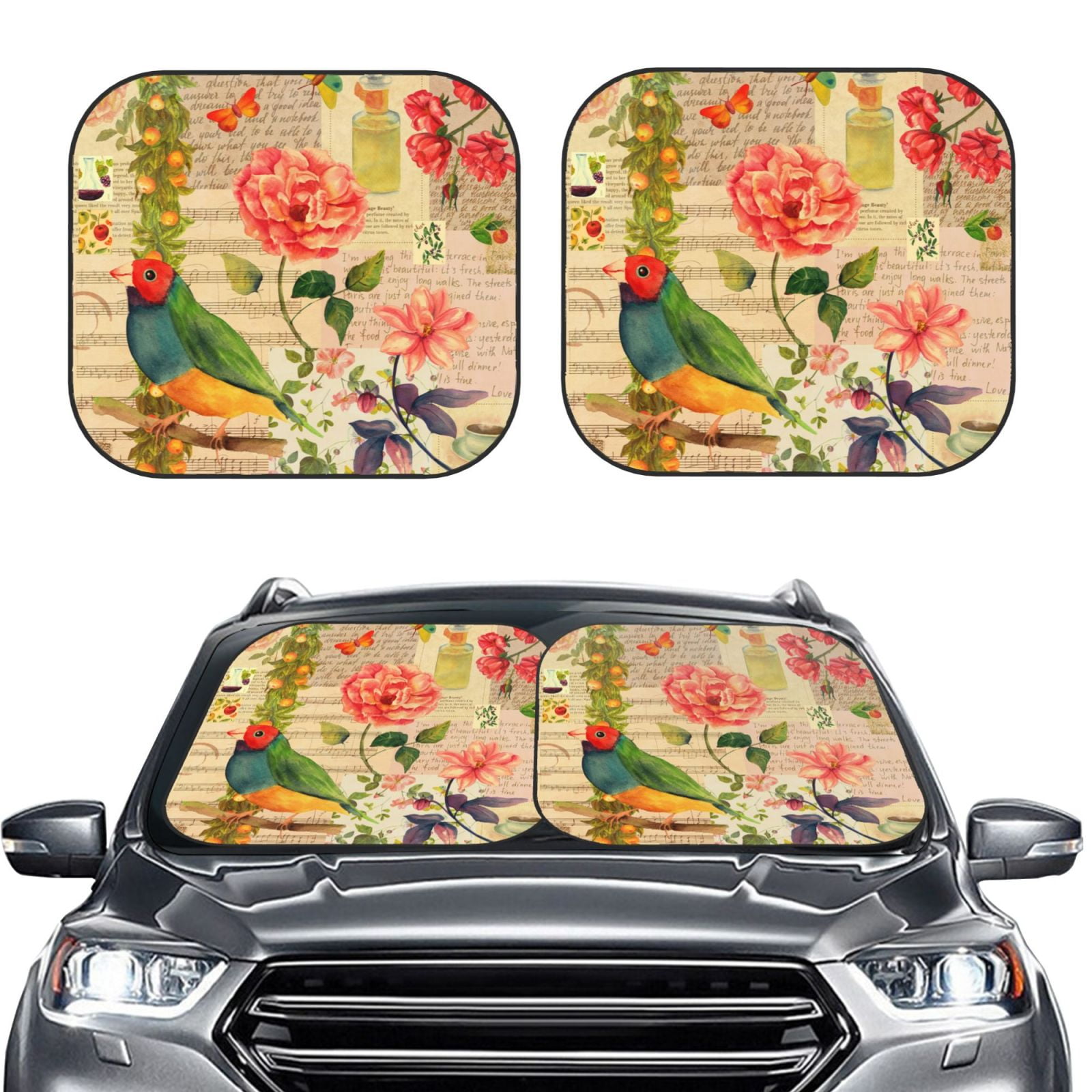 Bingfone Vintage Bird Windshield Sun Shade 2-Piece Foldable Car Front ...