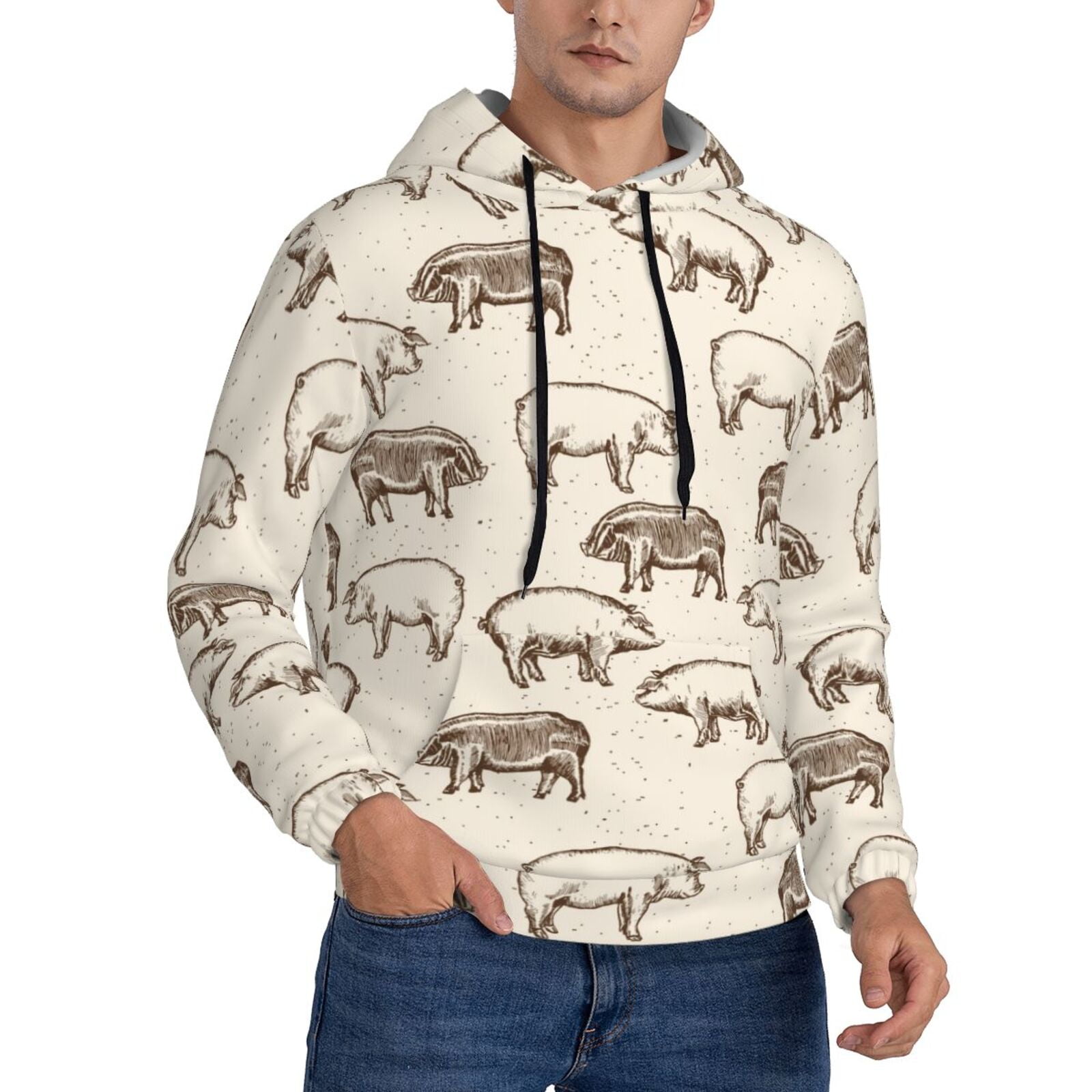 Bingfone Vintage Farm Pigs Men's Drawstring Hoodie Long Sleeve Pocket ...