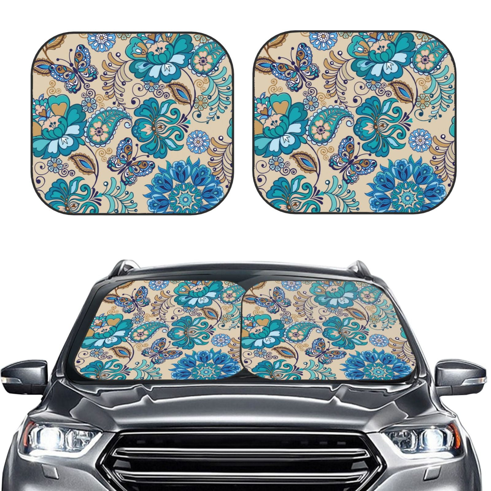 Bingfone Vintage Floral Butterflies Windshield Sun Shade 2-Piece ...