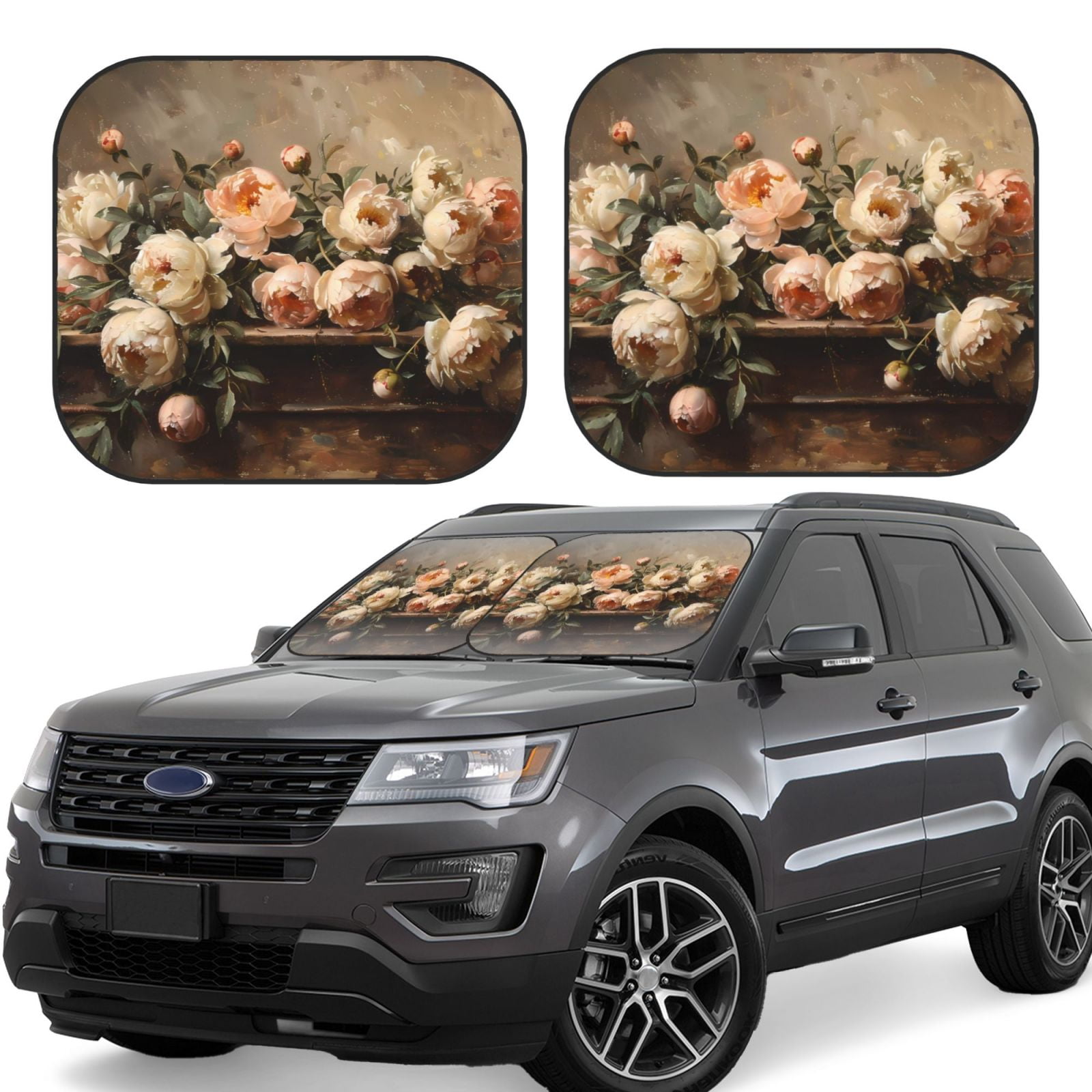 Bingfone Vintage Peonies Rustic Charm Windshield Sun Shade 2-Piece ...