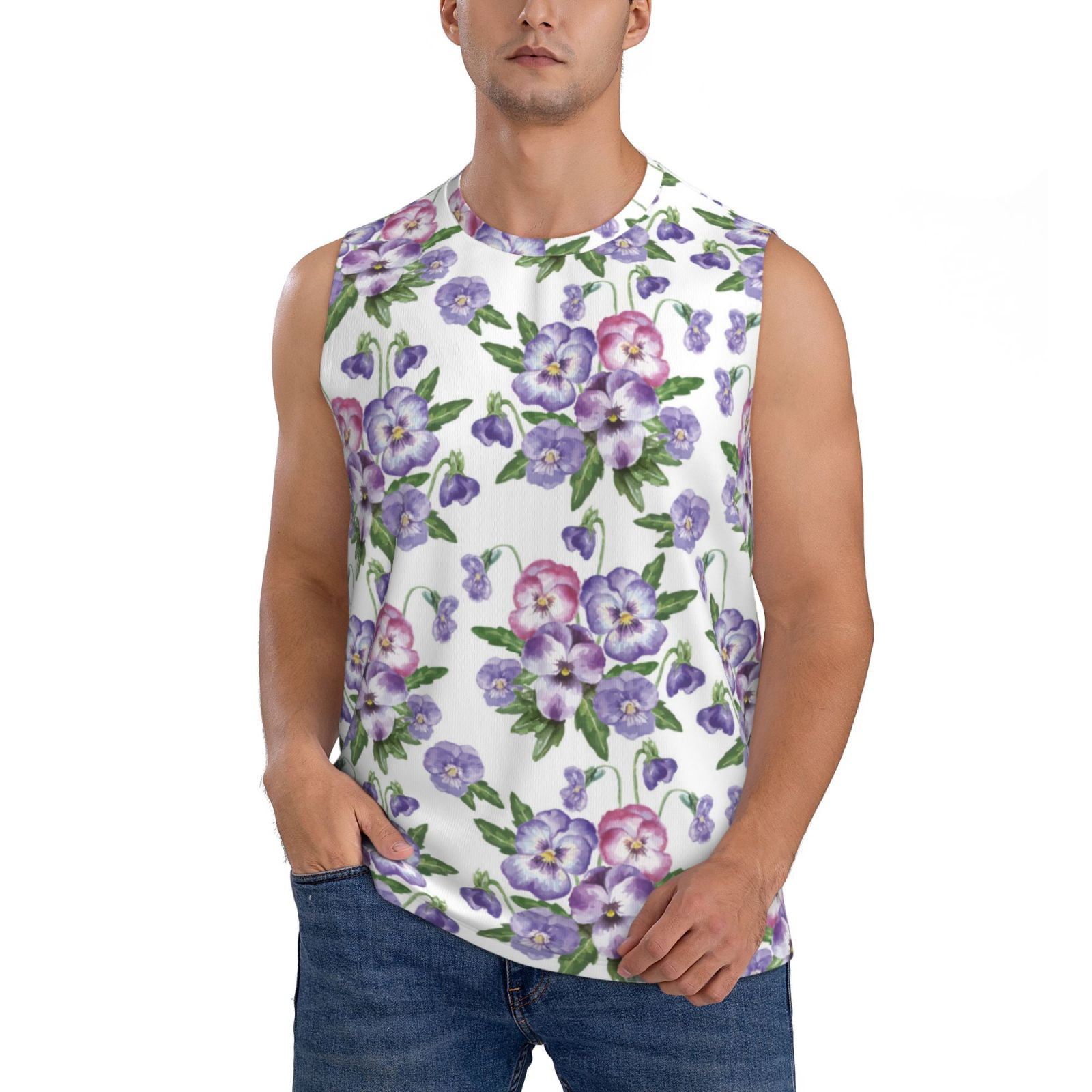 Bingfone Violets Flowers Pattern Men's Tank Tops Workout Sleeveless Tee ...