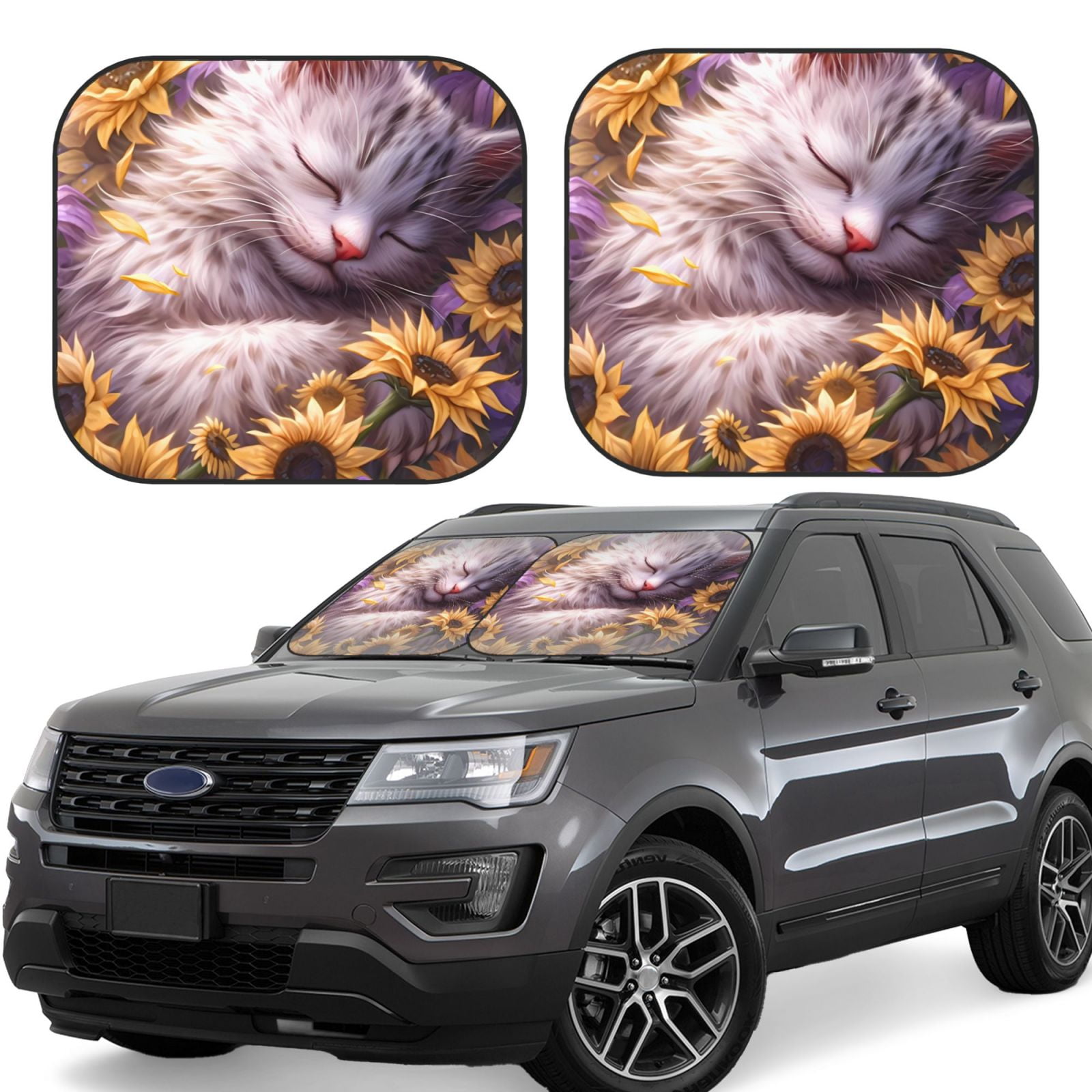 Bingfone Warm Sunflower Sleeping Cat Windshield Sun Shade 2-Piece Foldable Car Front Window ...