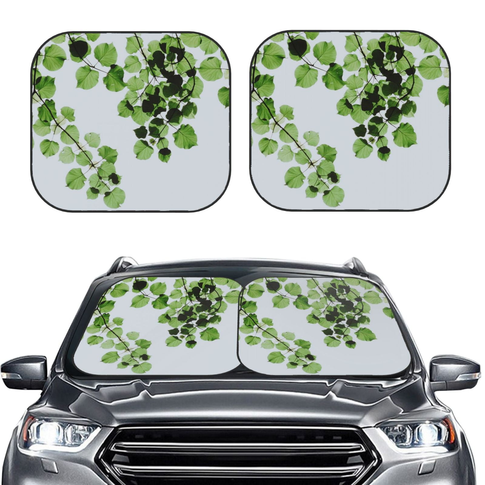 Bingfone Watercolor Green Leaves Print 2-Piece Sun Shade Front ...