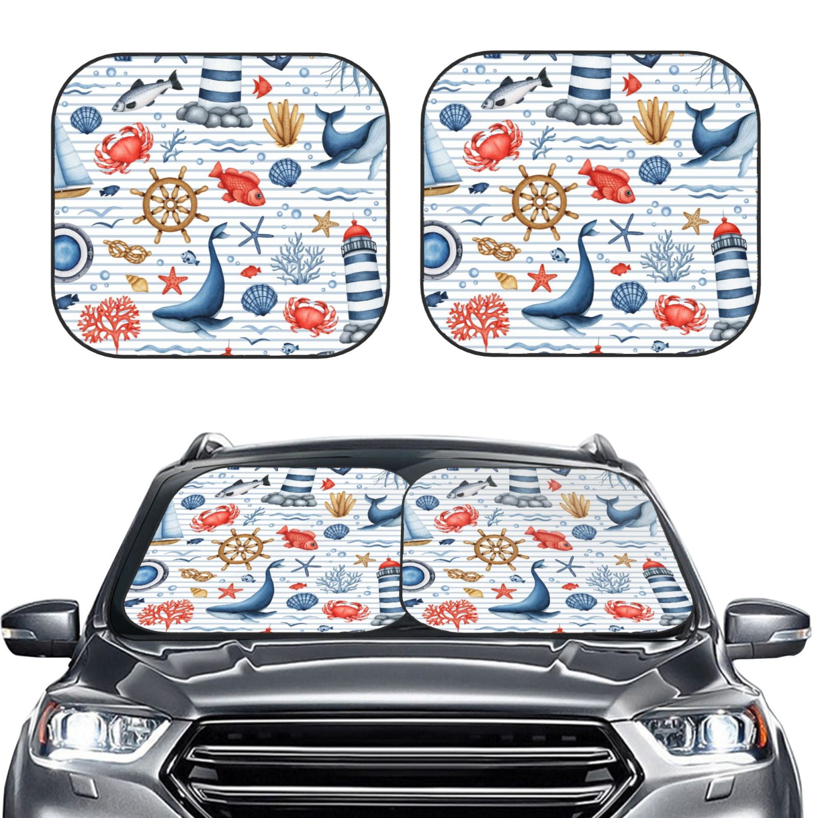 Bingfone Watercolor Nautical Windshield Sun Shade 2-Piece Foldable Car ...