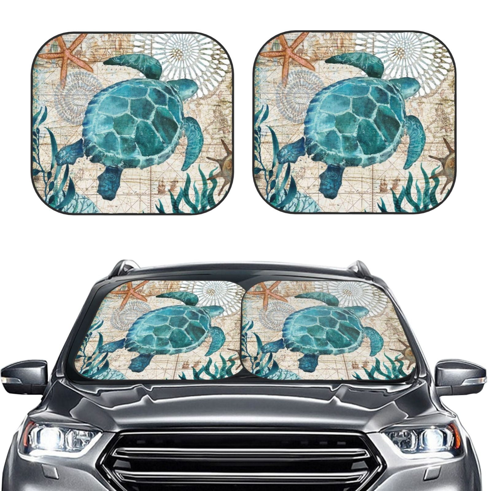 Bingfone Watercolor Sea Turtle Print 2-Piece Sun Shade Front Windshield ...