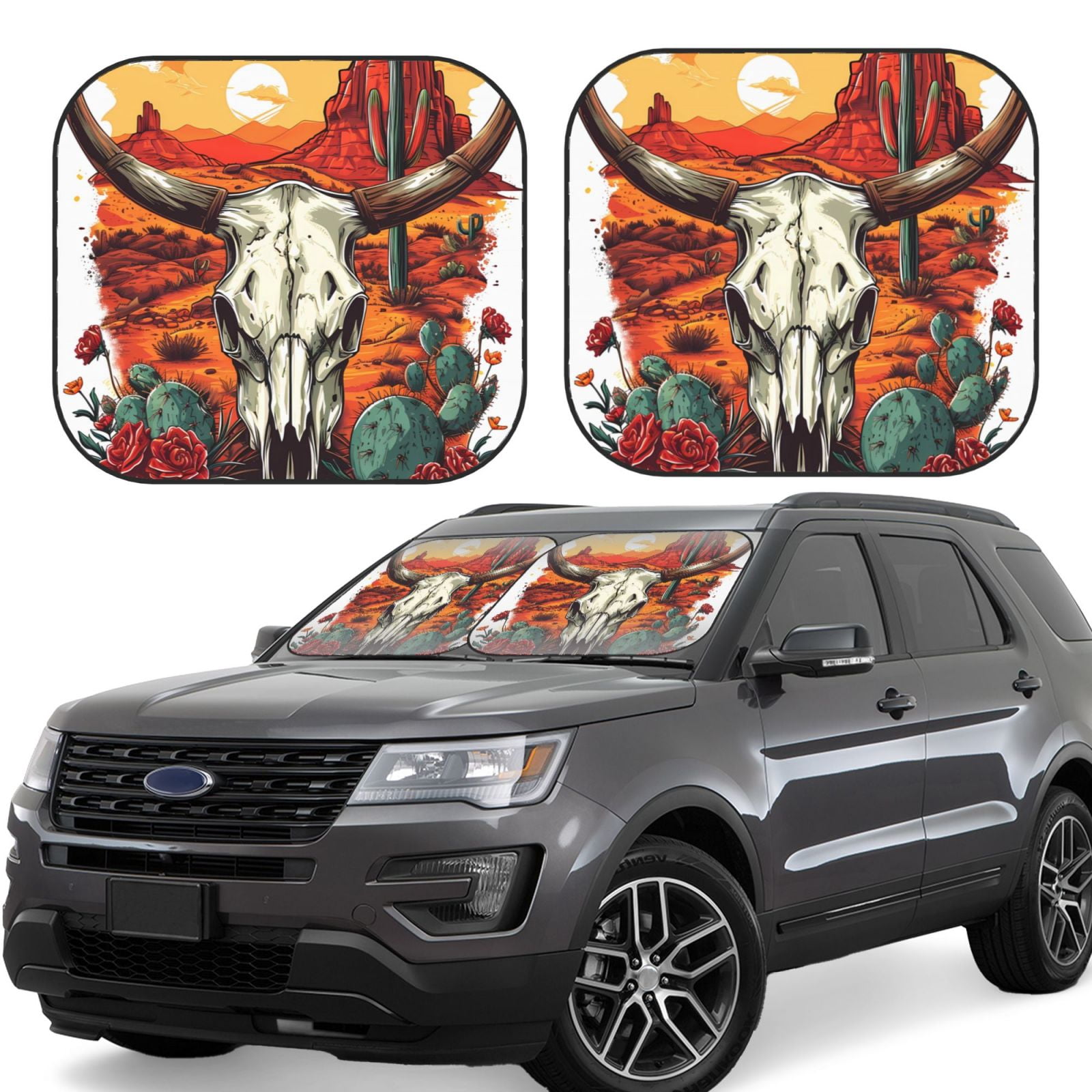Bingfone Western Desert Cactus Ram Skull Windshield Sun Shade 2-Piece ...