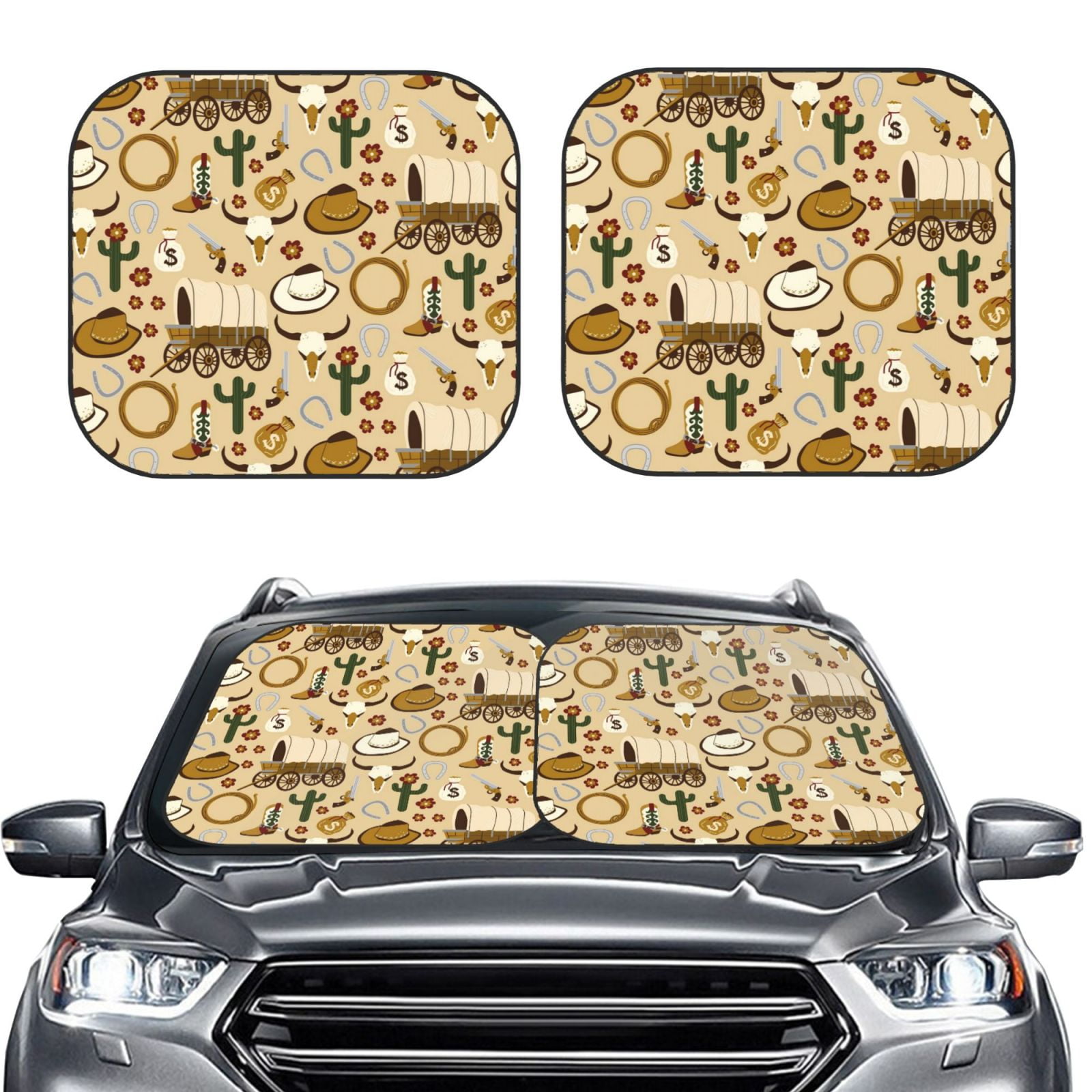 Bingfone Wild West Cowboy Print 2-Piece Sun Shade Front Windshield ...