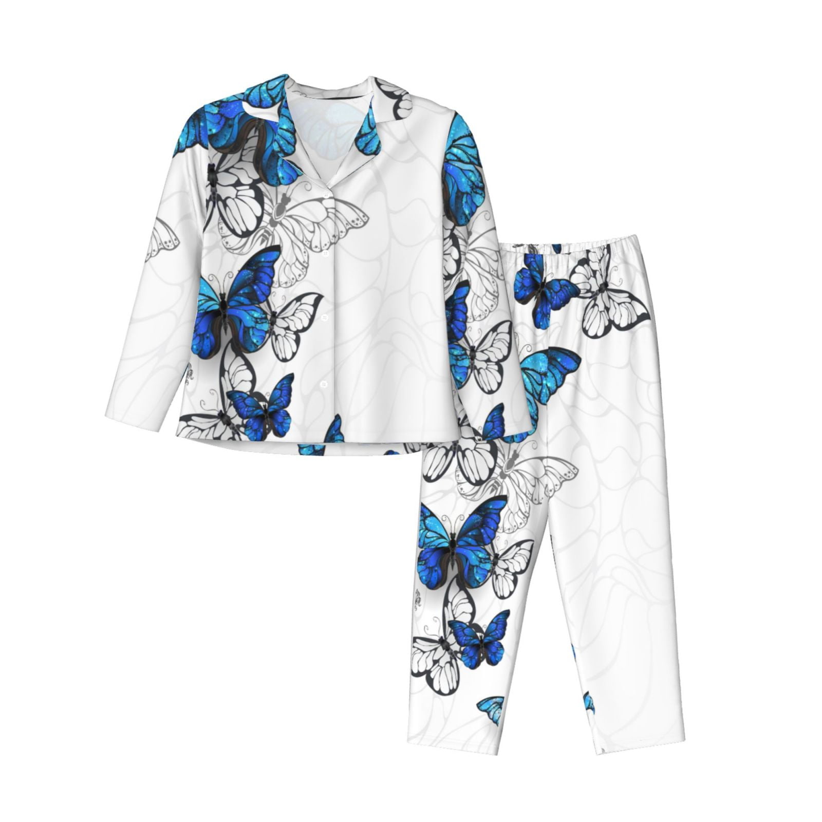 Bingfone Womens Pajama Sets Blue Flying Butterflies Print Long Sleeve
