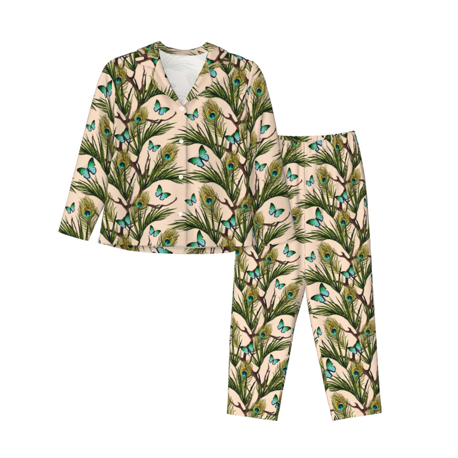 Bingfone Womens Pajama Sets Butterflies And Peacock Feathers Print,Long ...