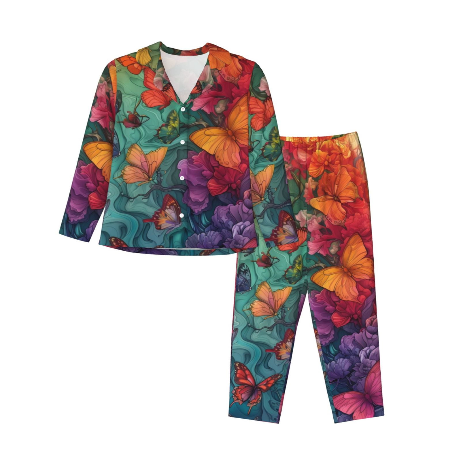 Bingfone Womens Pajama Sets Butterfly Flower Cascade Print,Long Sleeve ...