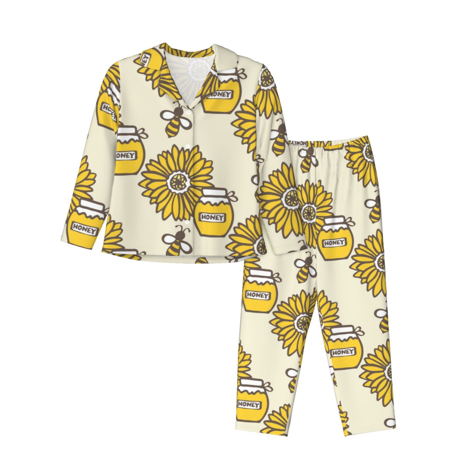 Bingfone Womens Pajama Sets Cartoon Honey Pot Bee Sunflower Print,Long ...