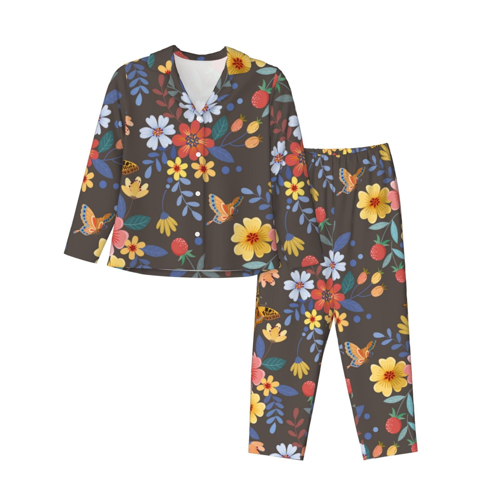 Bingfone Womens Pajama Sets Colorful Flowers With Butterfly Print,Long ...