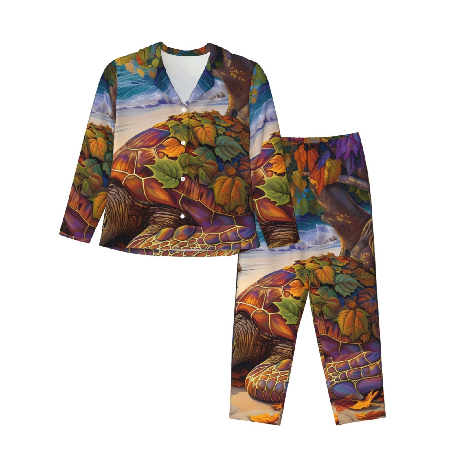 Bingfone Womens Pajama Sets Colorful Maple Leaf Beach Turtle Print,Long ...