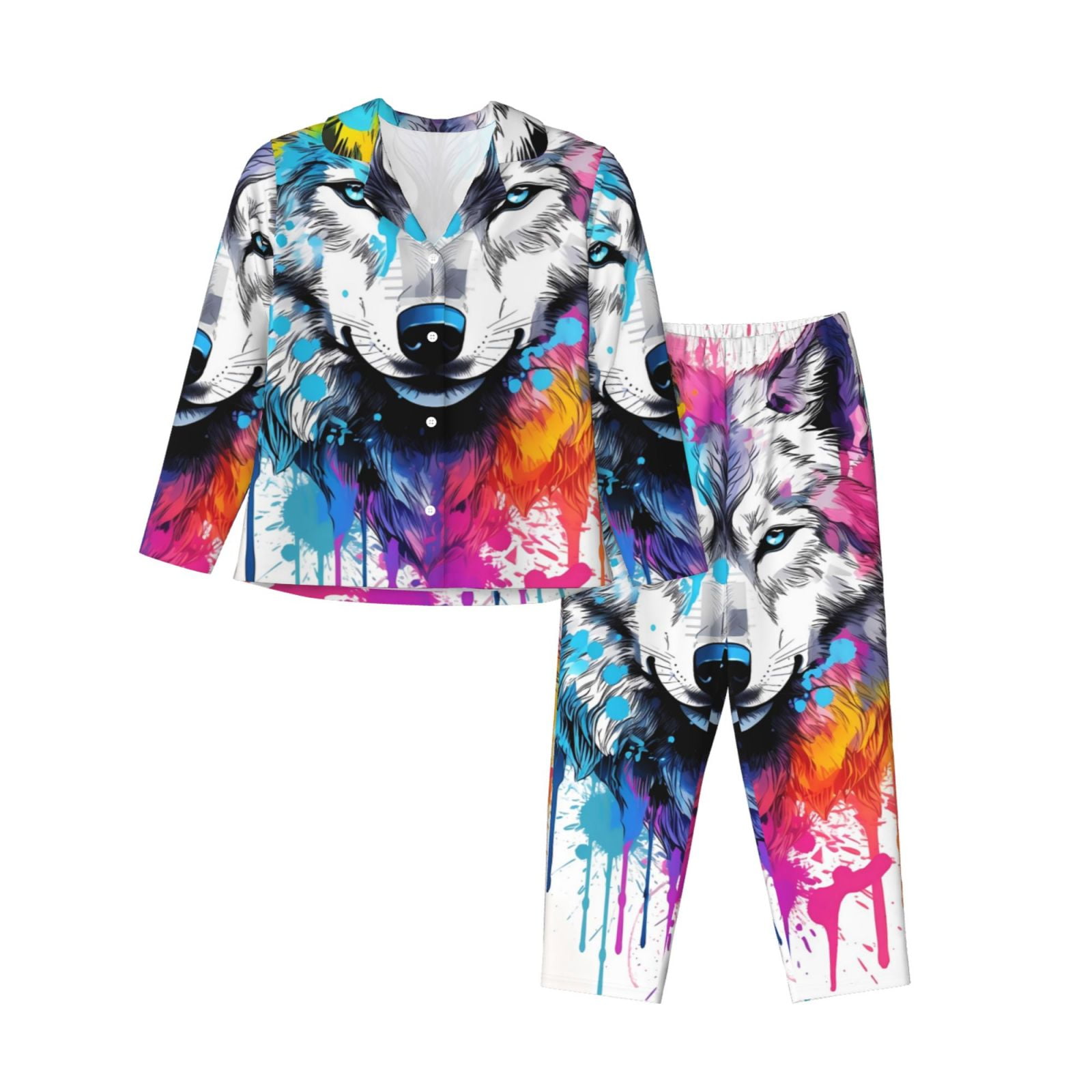 Bingfone Womens Pajama Sets Cool Colorful Wolf Print,Long Sleeve ...