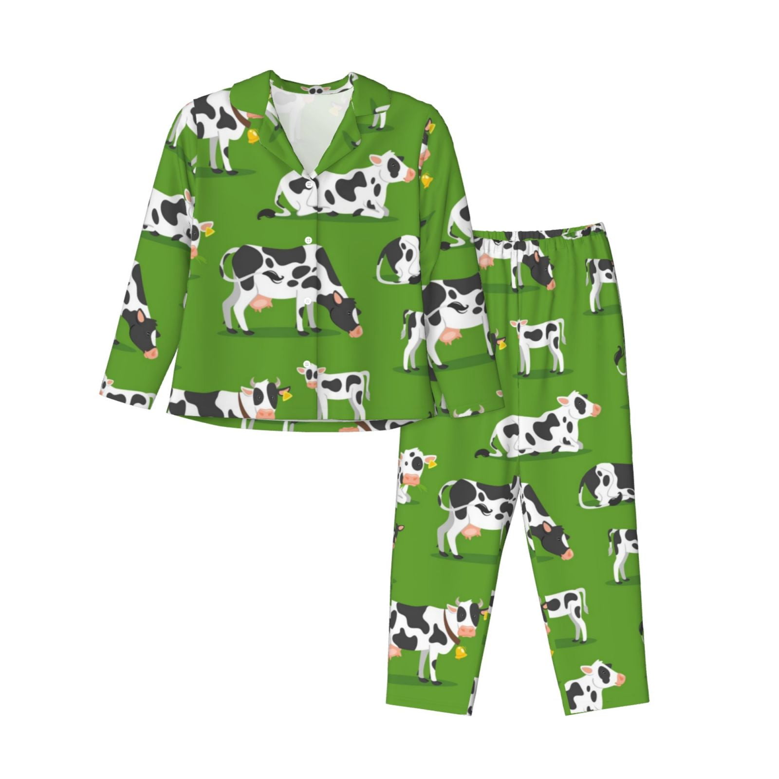 Bingfone Womens Pajama Sets Cows With Calfs Green Print,Long Sleeve ...