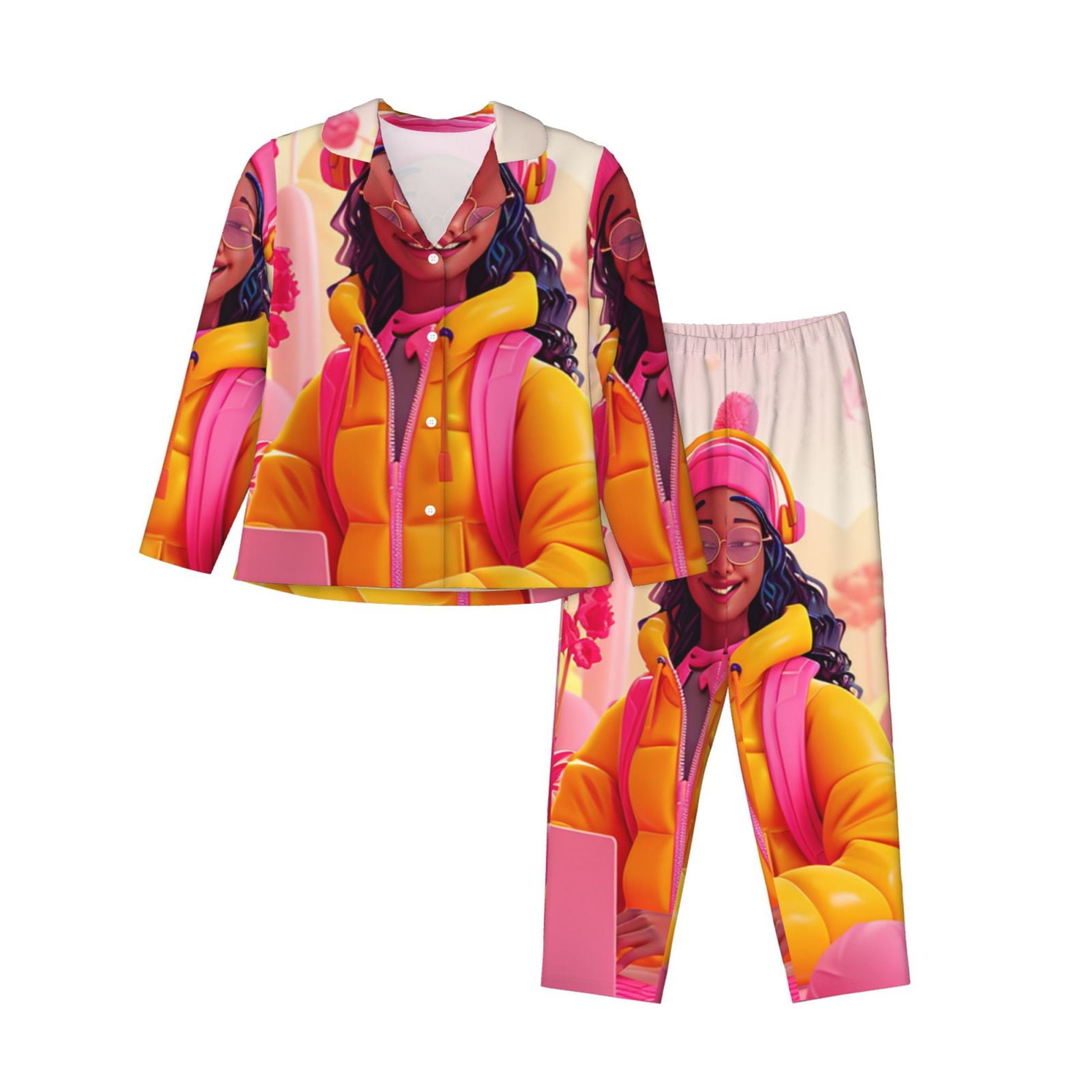 Bingfone Womens Pajama Sets Digital Nomad Pink Landscape Print,Long ...