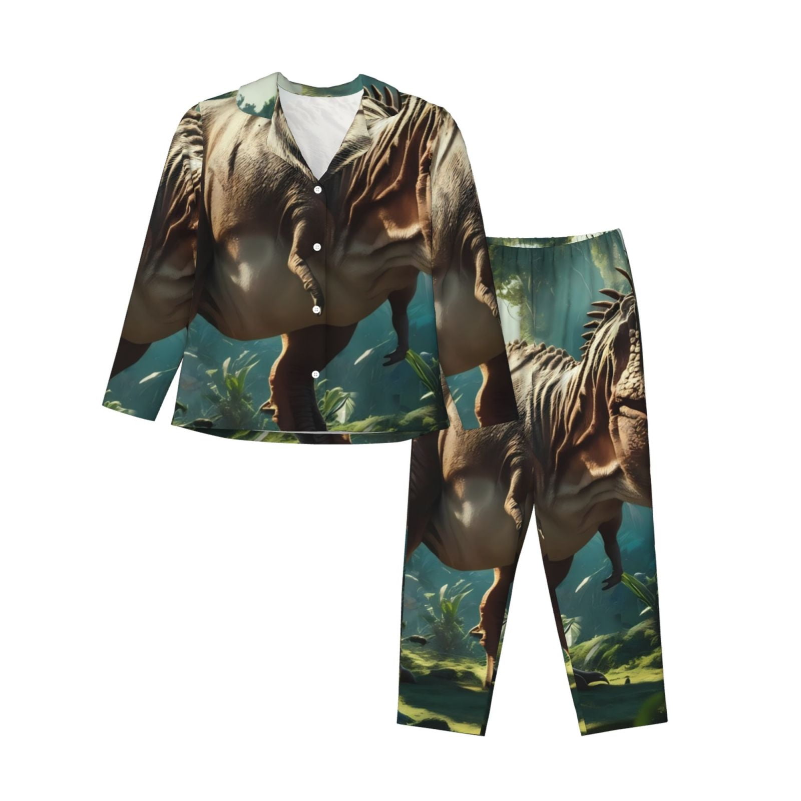 Bingfone Womens Pajama Sets Green Forest Dinosaur Print,Long Sleeve ...