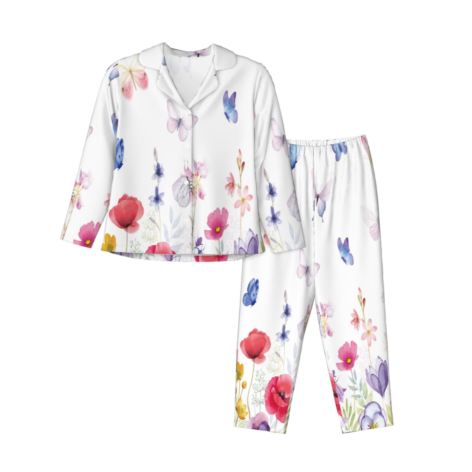 Bingfone Womens Pajama Sets Meadow flowers with butterfly Print,Long ...