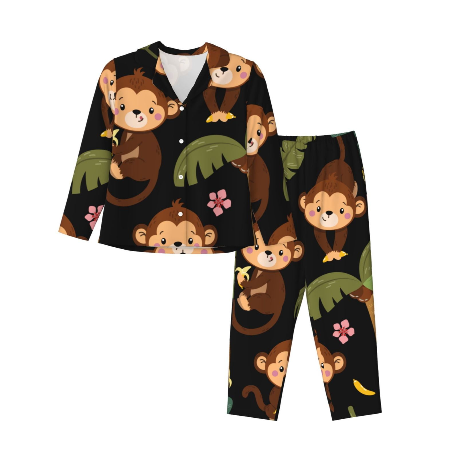 Bingfone Womens Pajama Sets Monkeys Swinging From Palms Print,Long ...