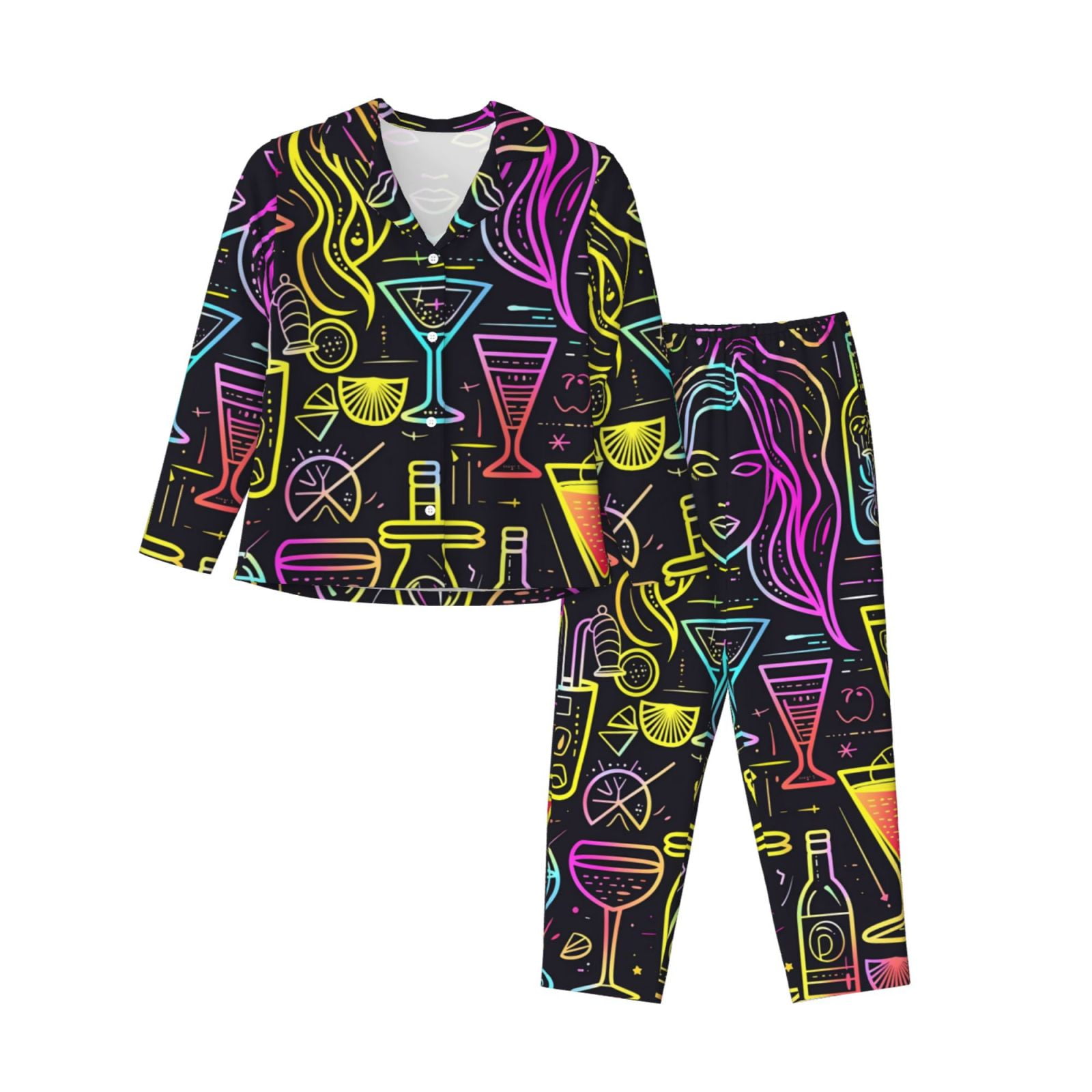 Bingfone Womens Pajama Sets Neon Bar Drinks Print,Long Sleeve ...