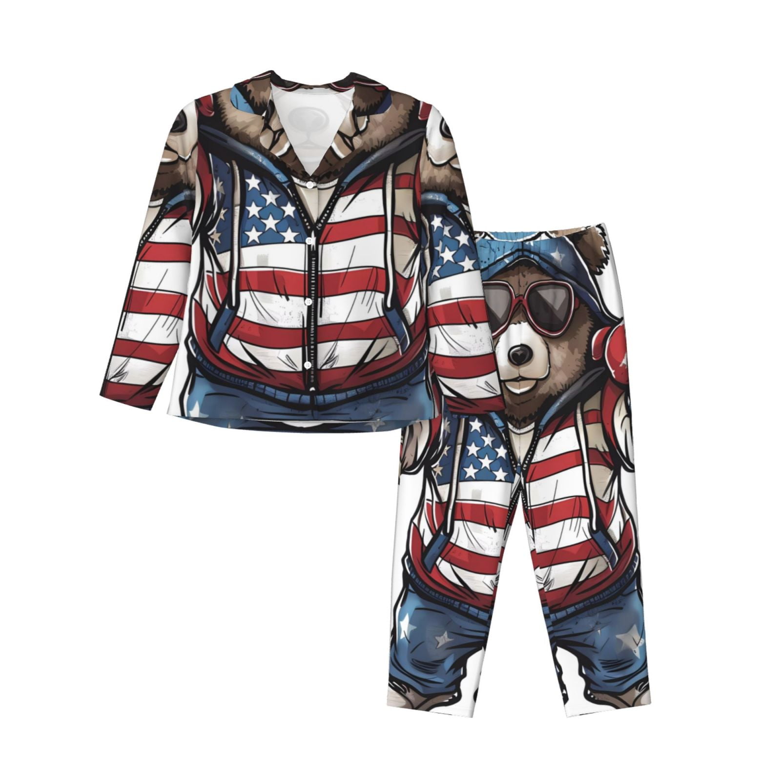 Bingfone Womens Pajama Sets Patriotic Boxing Bear Art Print,Long Sleeve ...