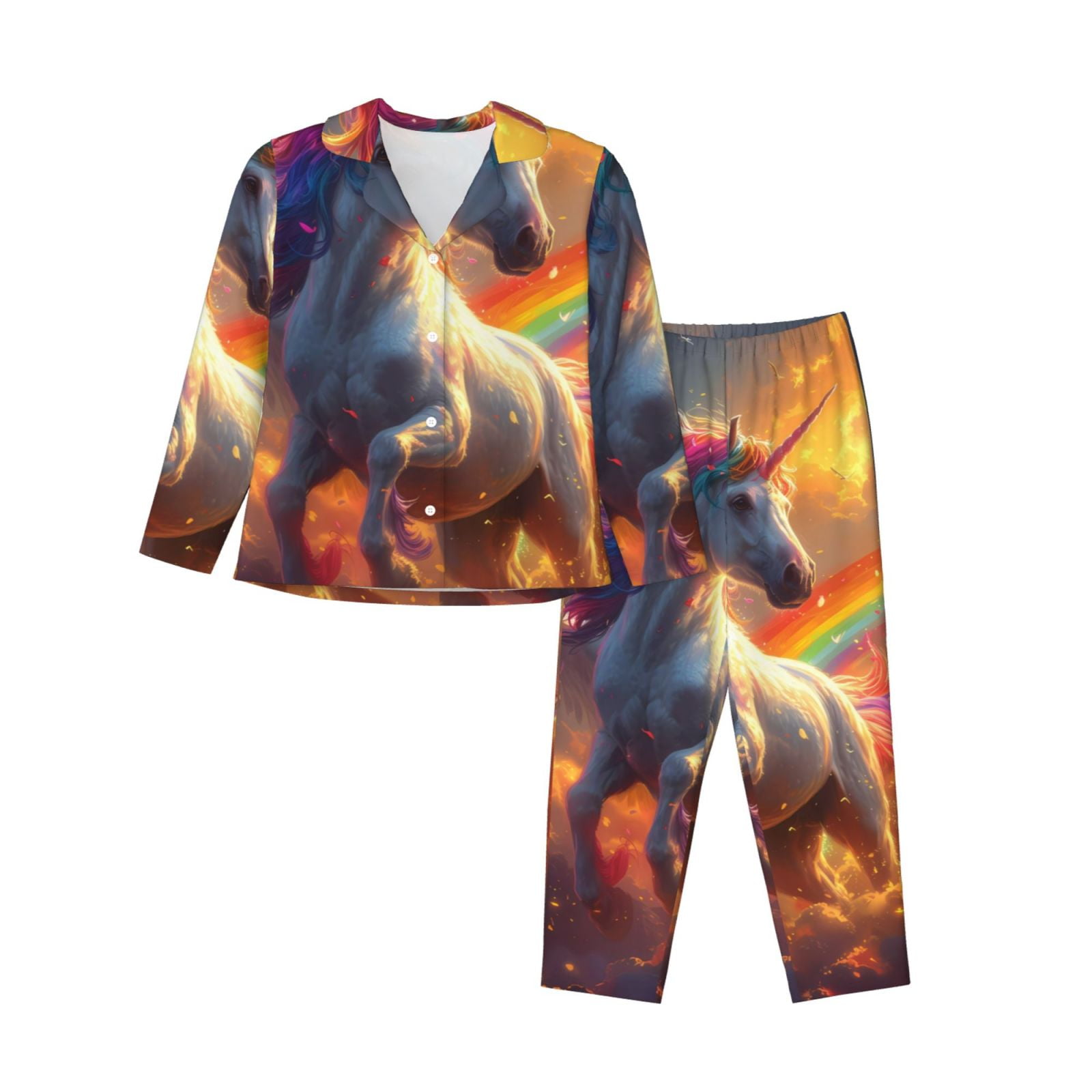 Bingfone Womens Pajama Sets Rainbow Sunset Cloud White Horse Print,Long ...