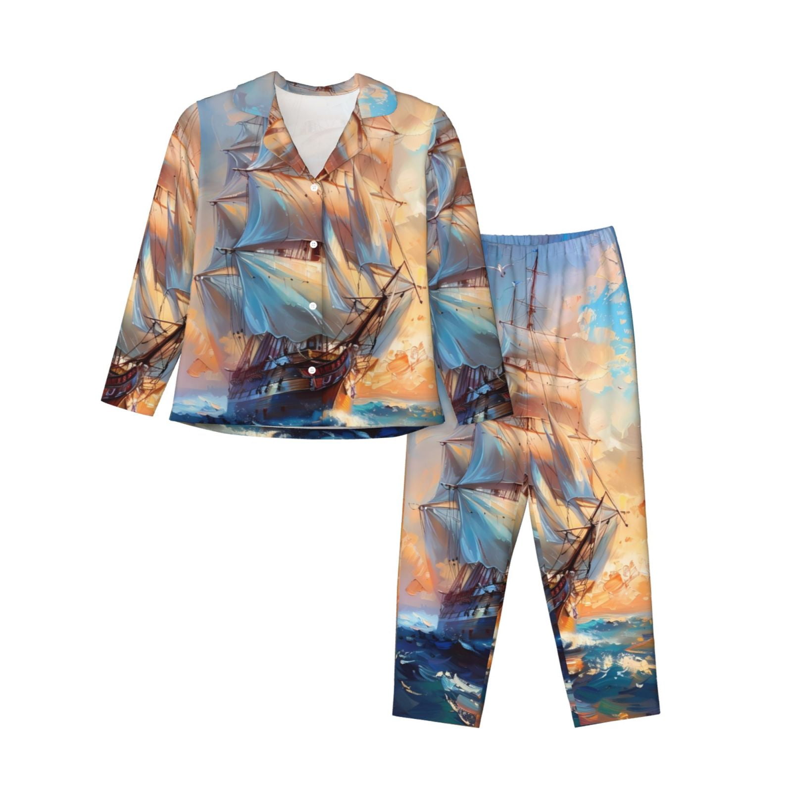 Bingfone Womens Pajama Sets Sailing Ship Ocean Sunset Print,Long Sleeve ...