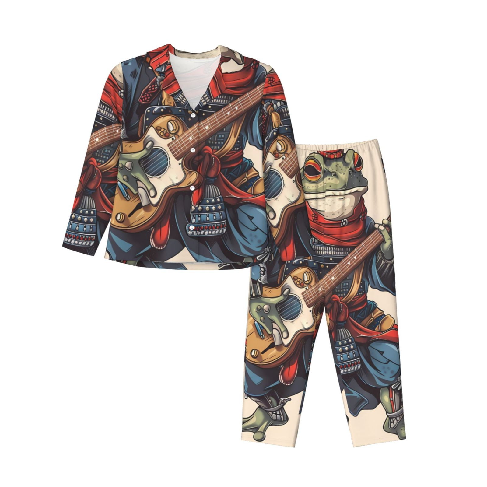 Bingfone Womens Pajama Sets Samurai Frog Guitar Print,Long Sleeve ...