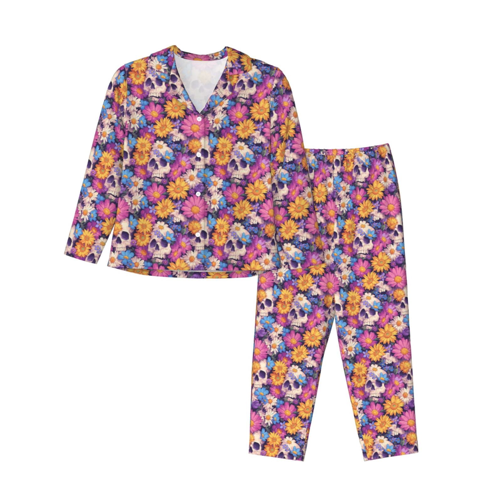 Bingfone Womens Pajama Sets Skull daisy flower Print,Long Sleeve ...