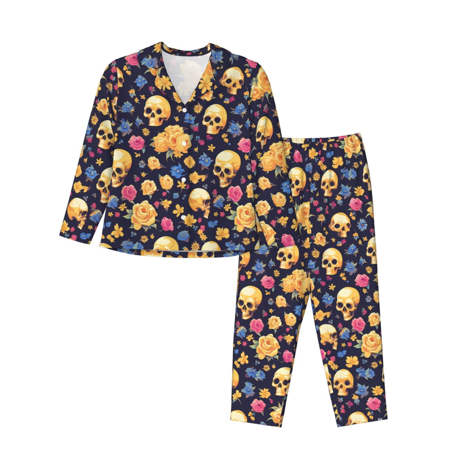 Bingfone Womens Pajama Sets Skull gold flower Print,Long Sleeve ...