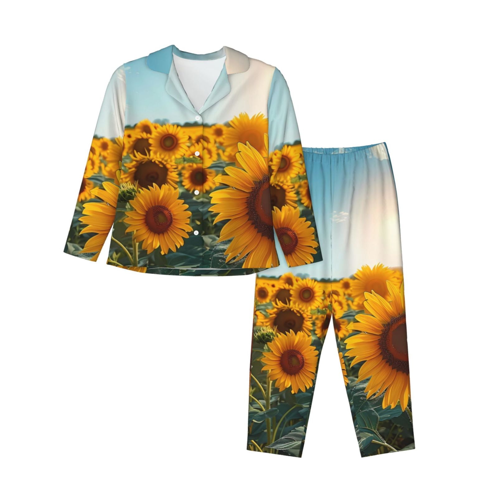 Bingfone Womens Pajama Sets Sunlit Sunflower Field Print,Long Sleeve ...