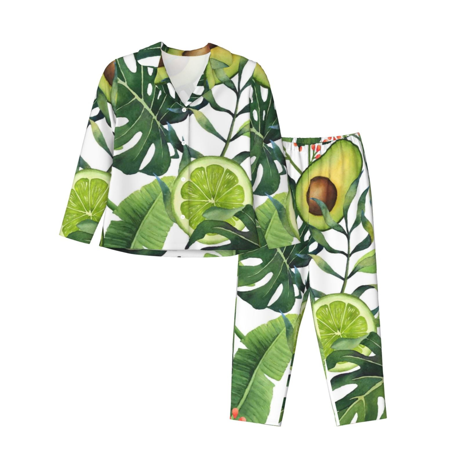 Bingfone Womens Pajama Sets Watercolor Green Tropical Print,Long Sleeve ...