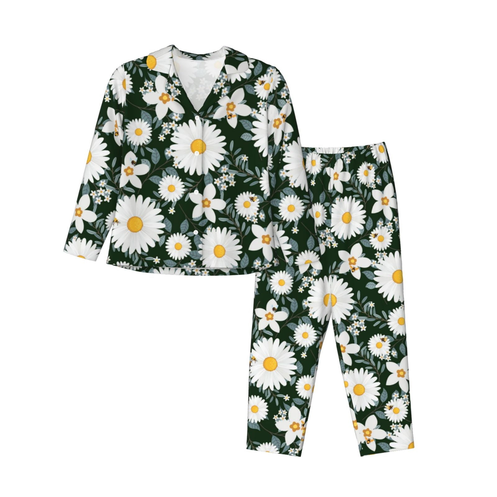 Bingfone Womens Pajama Sets White Daisies And Bee Print,Long Sleeve ...