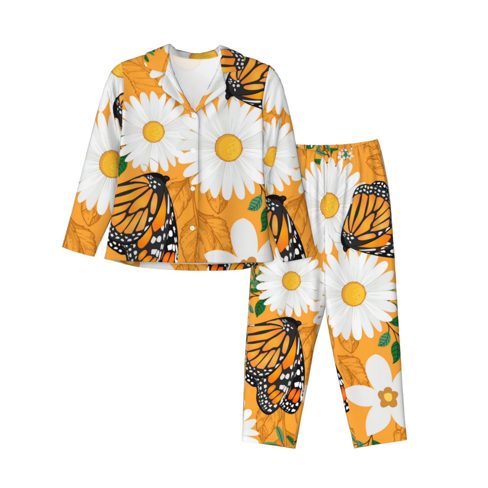 Bingfone Womens Pajama Sets White Floral And Butterflies Print,Long ...