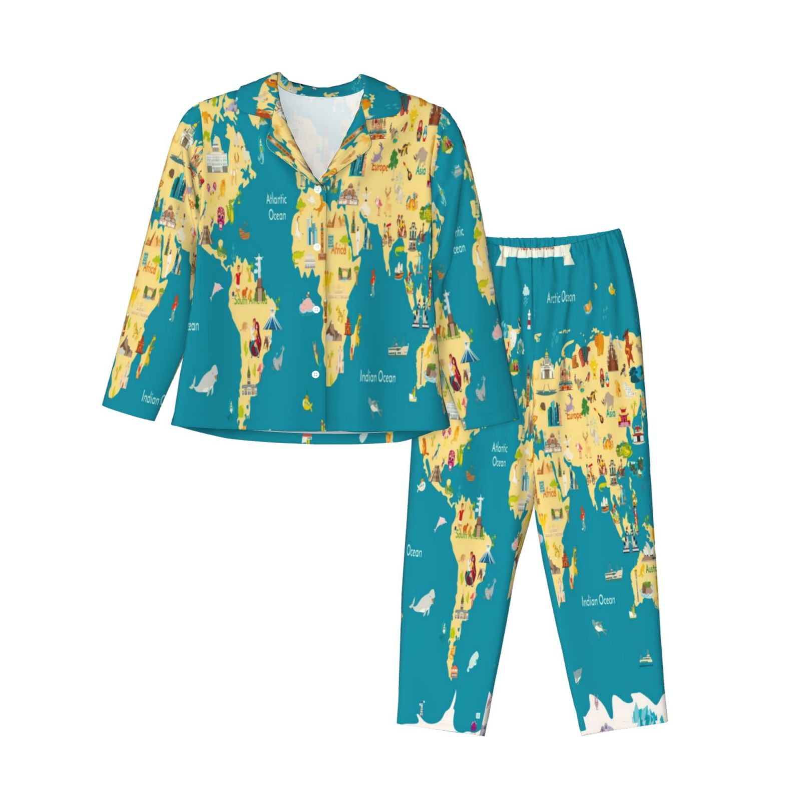 Bingfone Womens Pajama Sets World Map With Landmarks Print,Long Sleeve ...