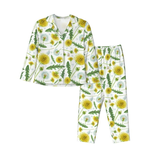 Bingfone Womens Pajama Sets Yellow Dandelions Print,Long Sleeve ...