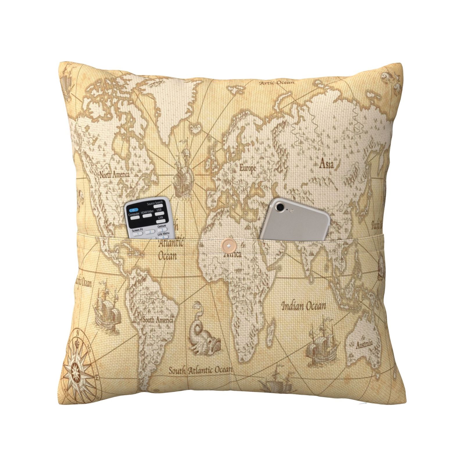 Bingfone World Map Linen Throw Pillow Covers Cushion Case Pocket Button ...