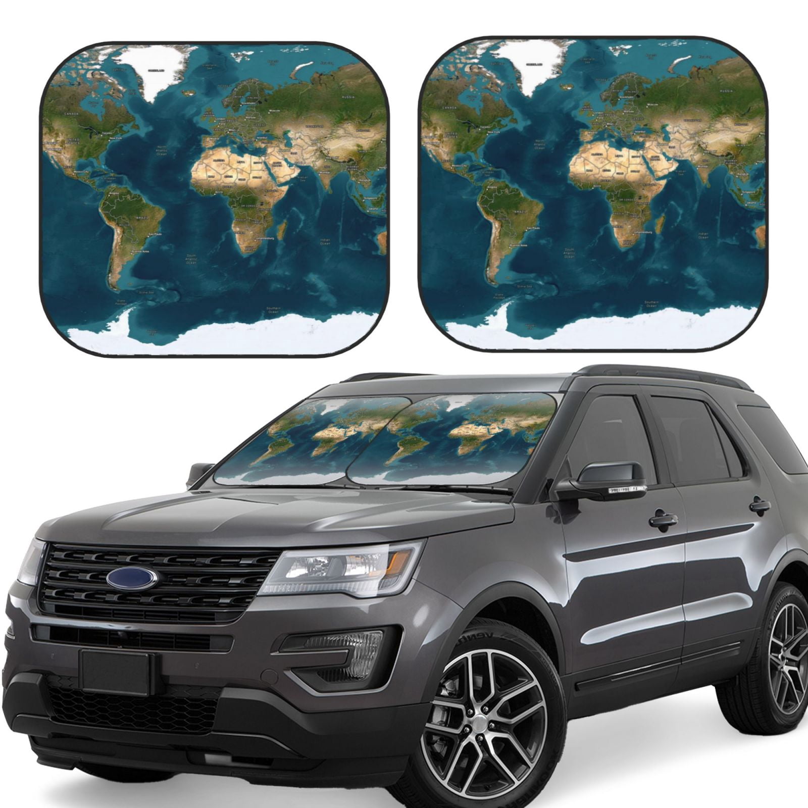 Bingfone World Map Windshield Sun Shade 2-Piece Foldable Car Front ...