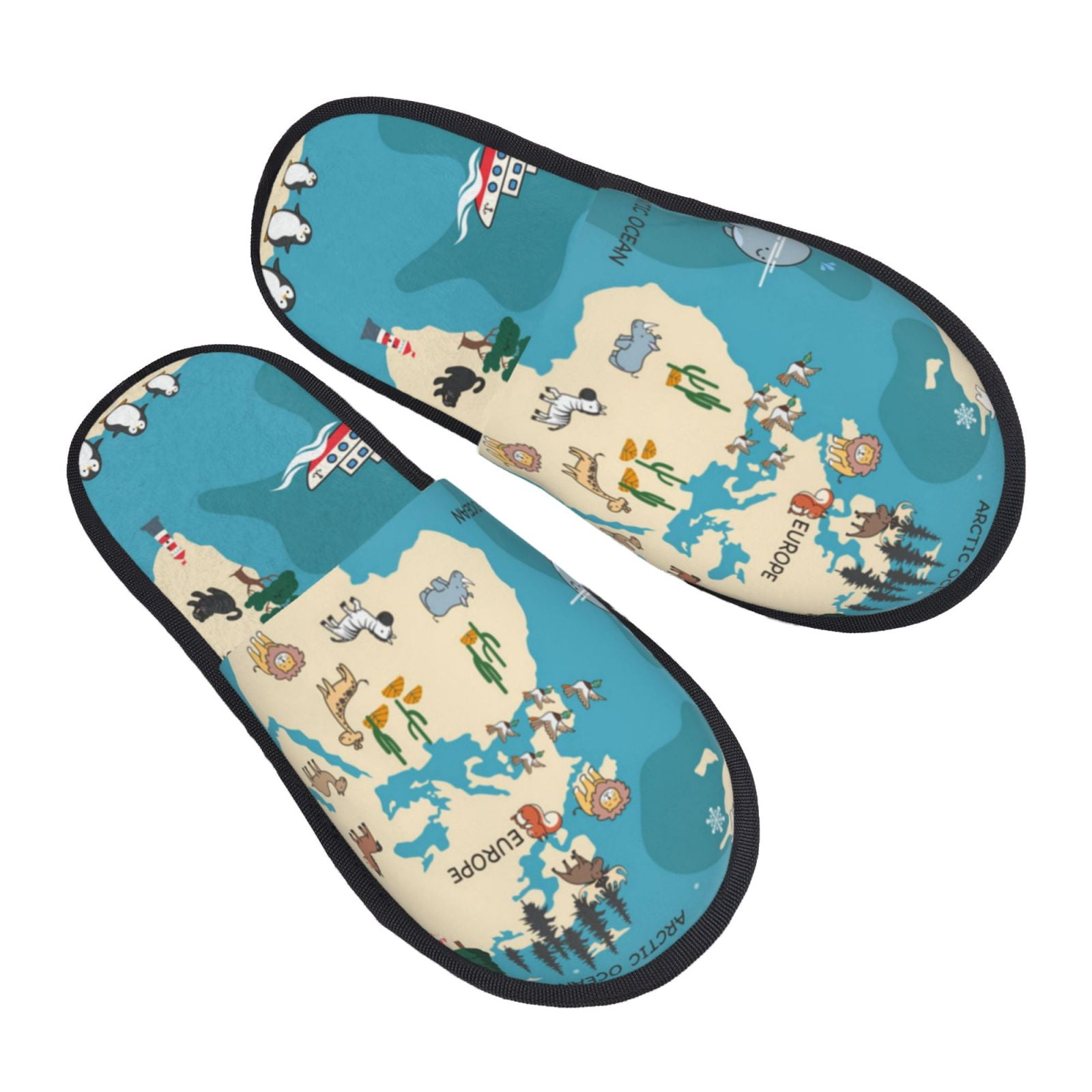 Bingfone World Map With Animal House Slippers for Women Men with Soft ...
